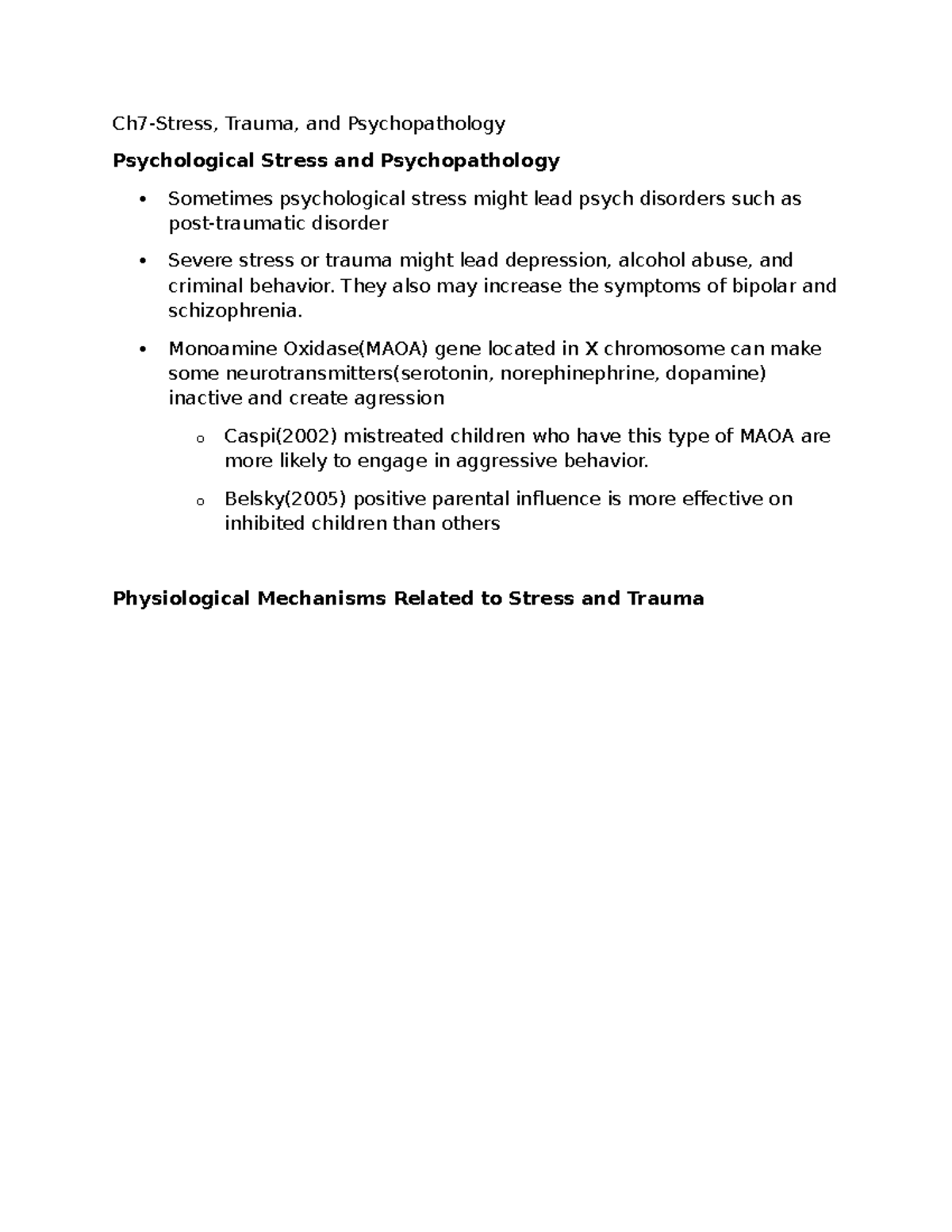 Ch7 - Lecture Notes on Trauma and Psychopathology: Stress Effects - Studocu