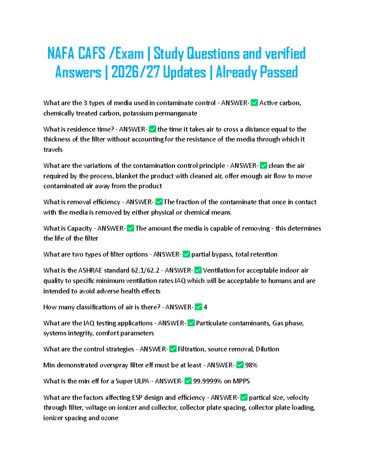 NAFA CAFS Study Questions & Answers for Contamination Control - Studocu