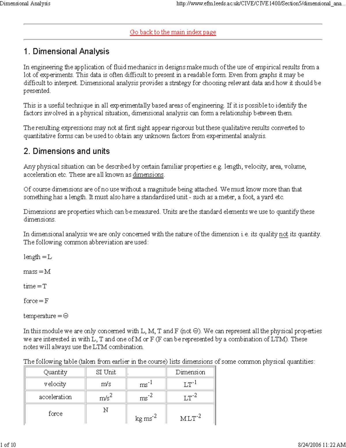 Dimensional Analysis 01 - Go back to the main index page 1. Dimensional Analysis In engineering ...
