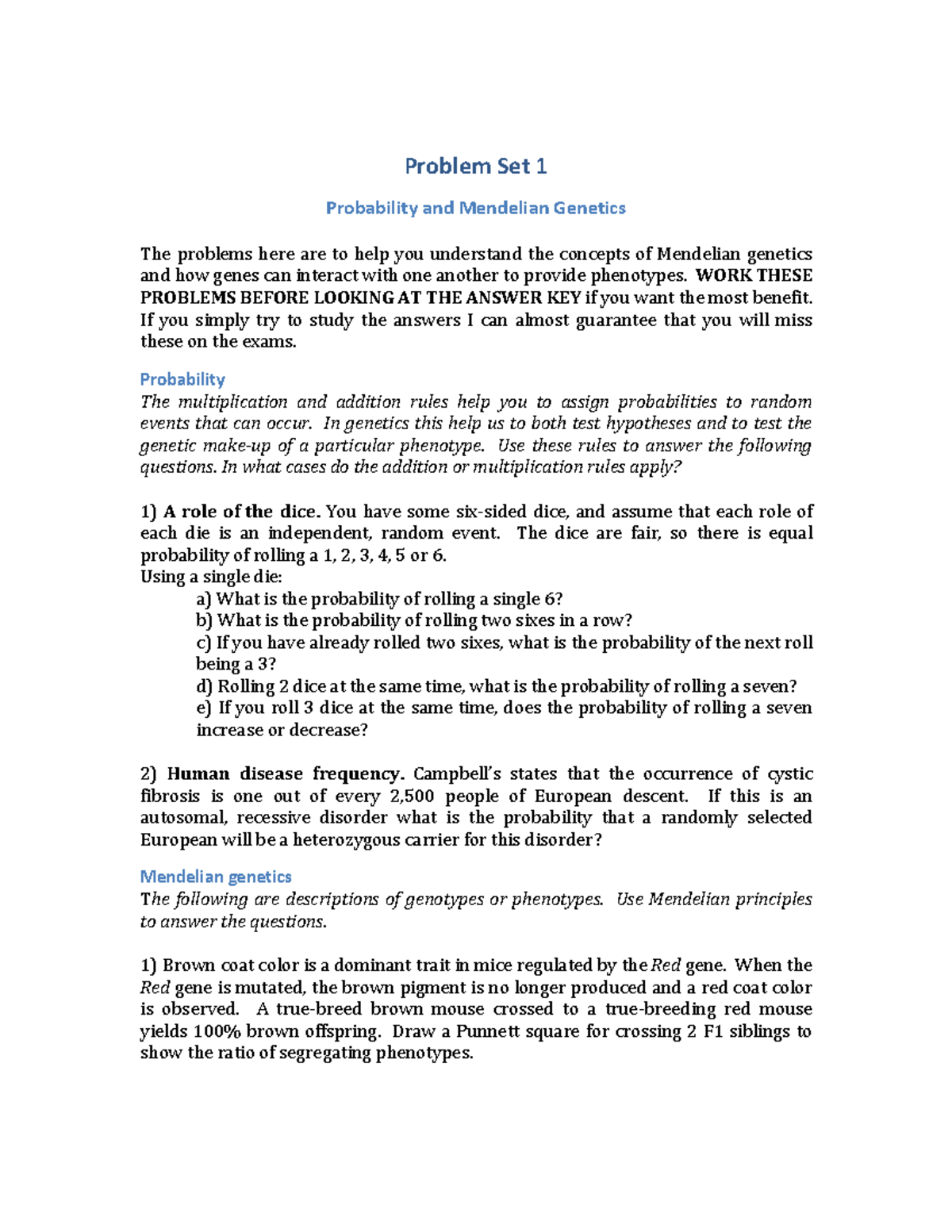 Mendelian Genetics & Probability Problem Set - SY4efWqk4g6nXEpLJ7VcLU - Studocu