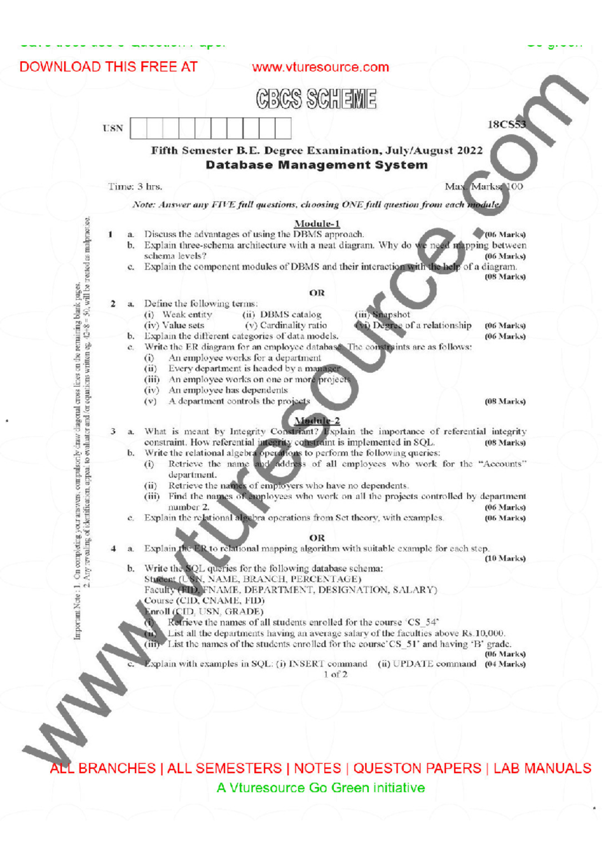 Database Management System Exam Notes - USN 18CS53 - 5th Sem B.E. - Studocu