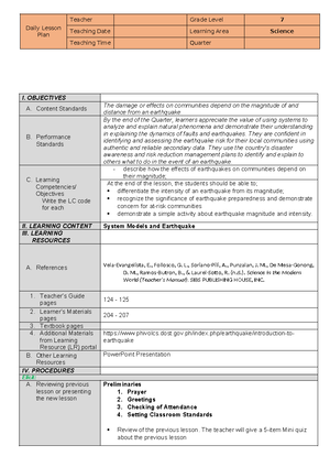 Semi Detailed Lesson Plan - Grade 7 science Matatag Curriculum 3rd ...