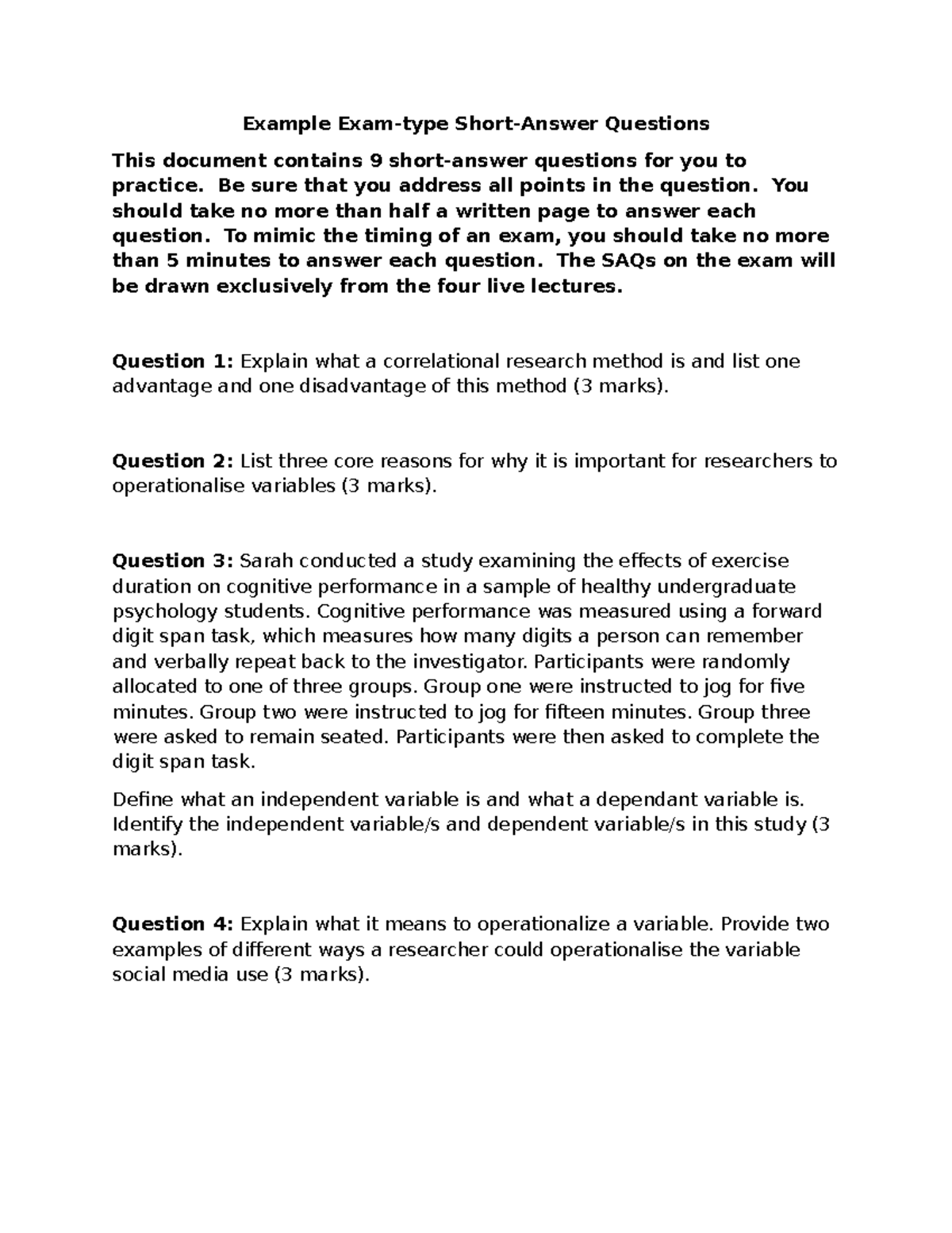 Practice Exam SAQs for PSY 101: Key Concepts & Methods - Studocu