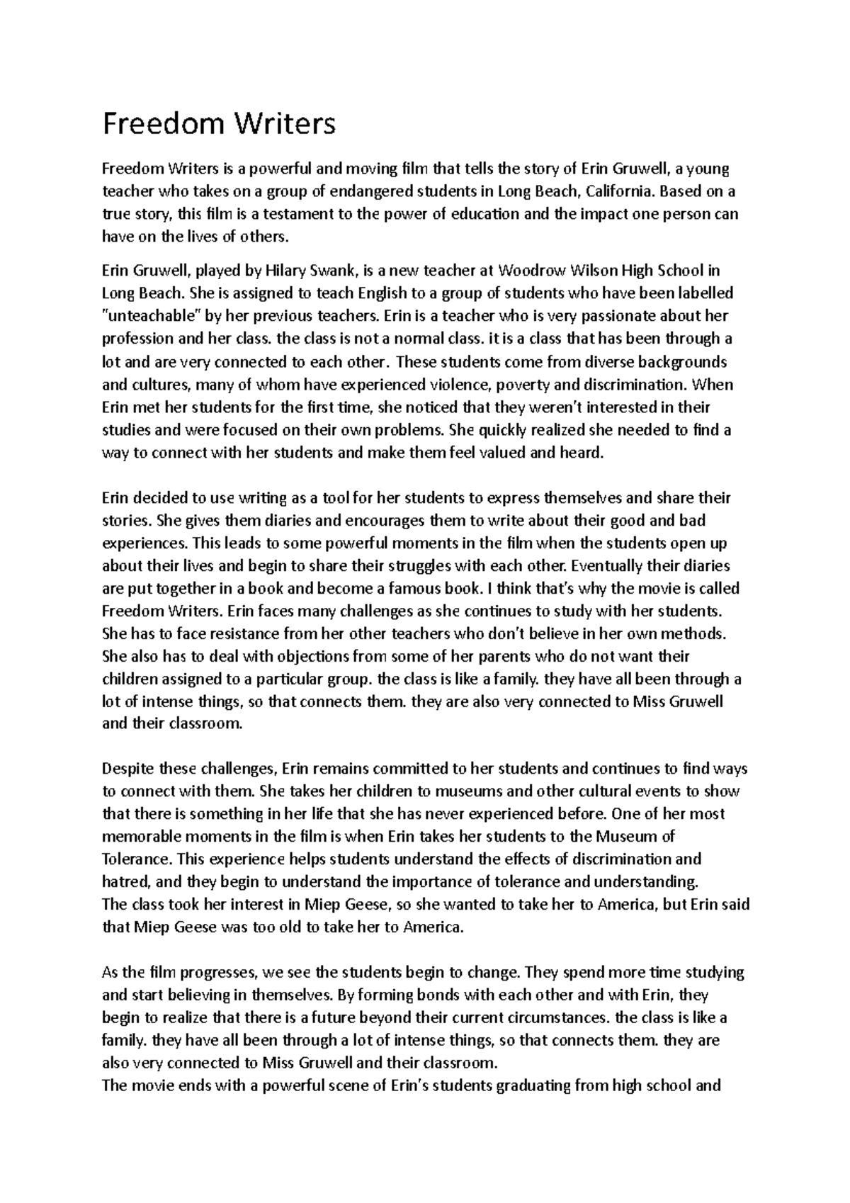 ENG 101 Movie Review: An Analysis of Freedom Writers - Studeersnel