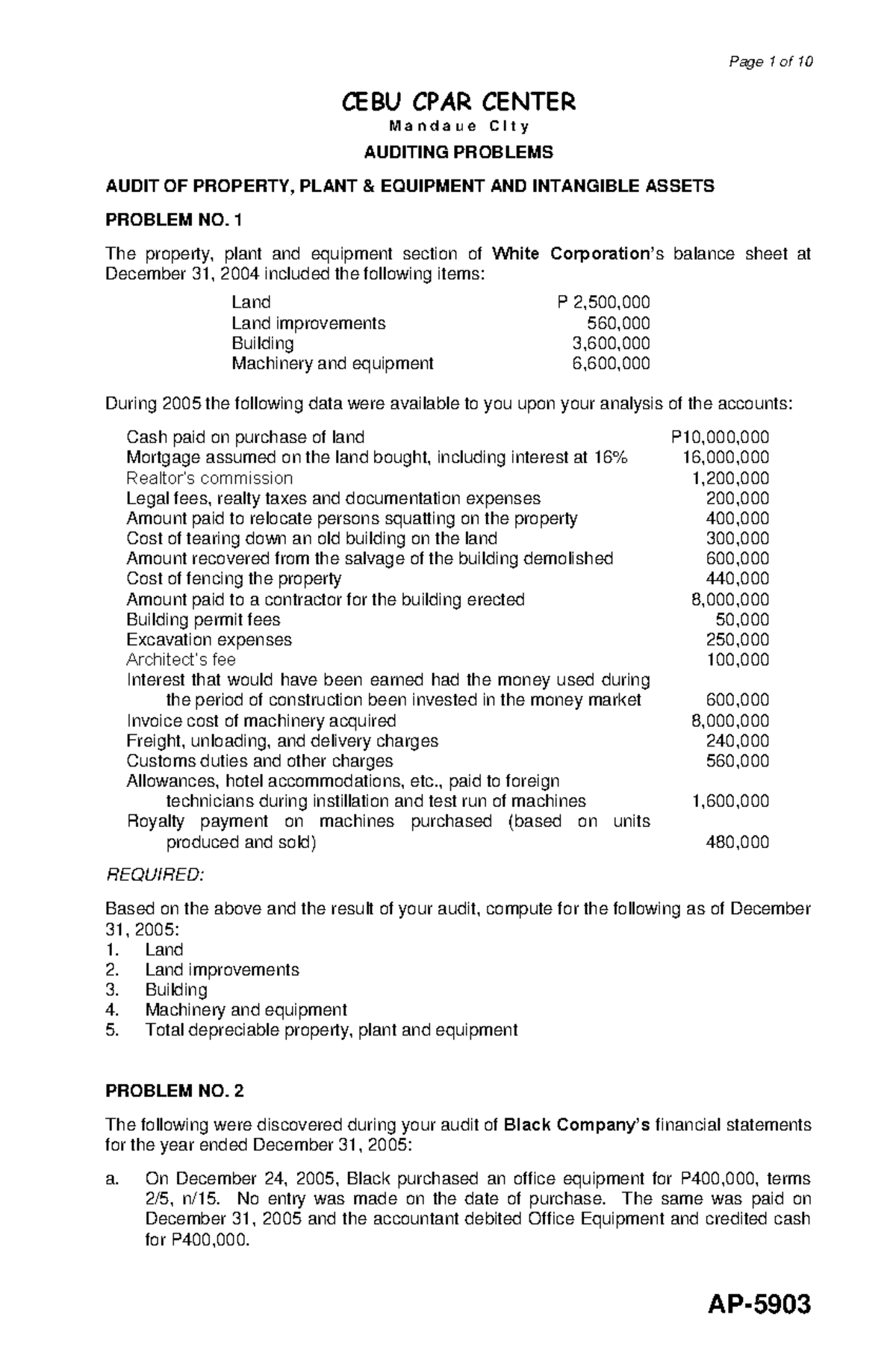 Audit of PPE & Intangibles: CEBU CPAR Center - AP-5903 - Studocu