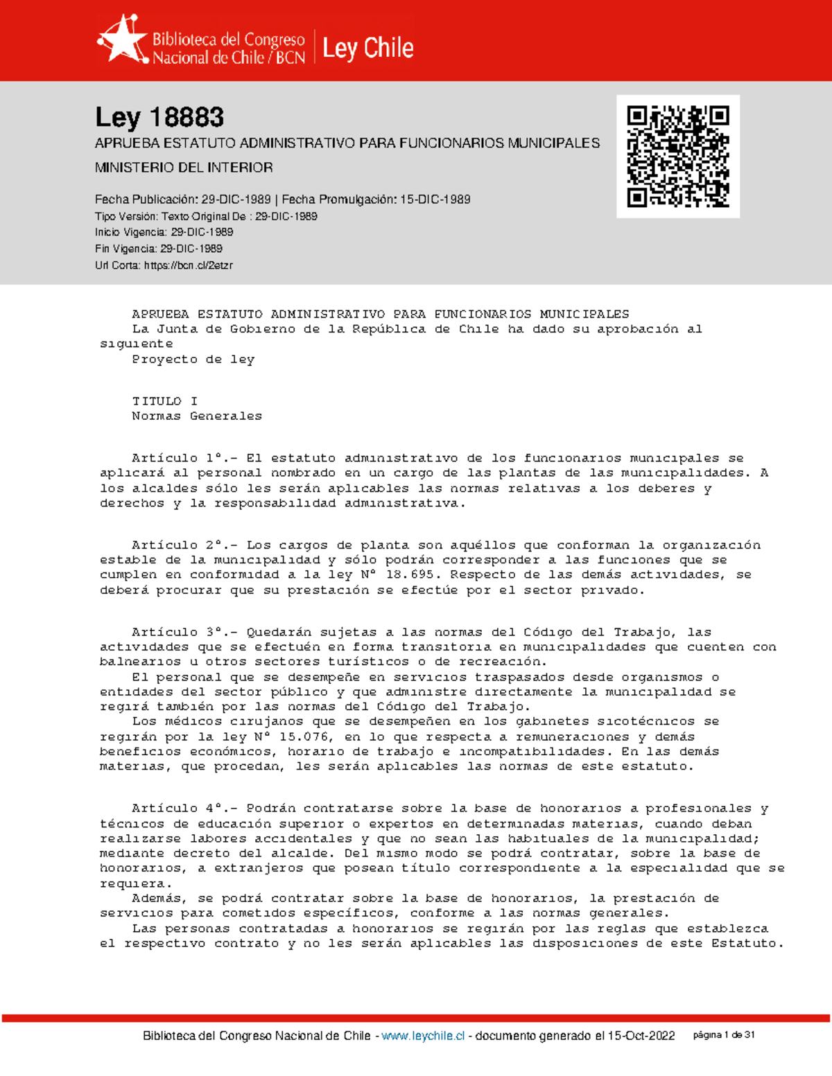 LEY-18883 Estatuto Admin. para Funcionarios Municipales - 1989 - Studocu