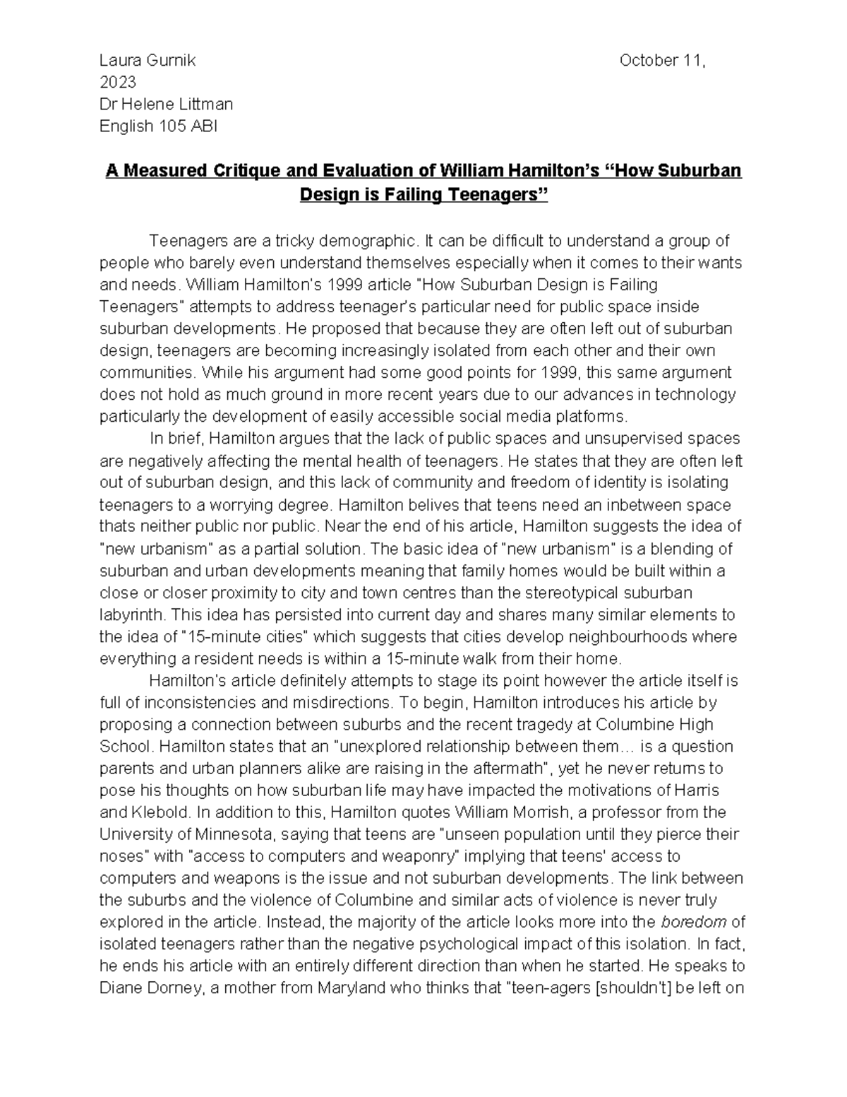 English 105 ABI: Critique of Hamilton's Suburban Design Argument - Studocu