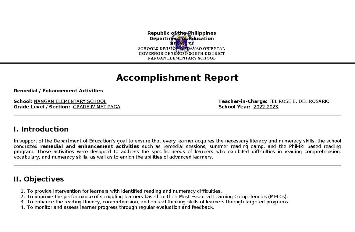 Accomplishment Report on Remedial Activities for Grade IV - SY 2023 ...