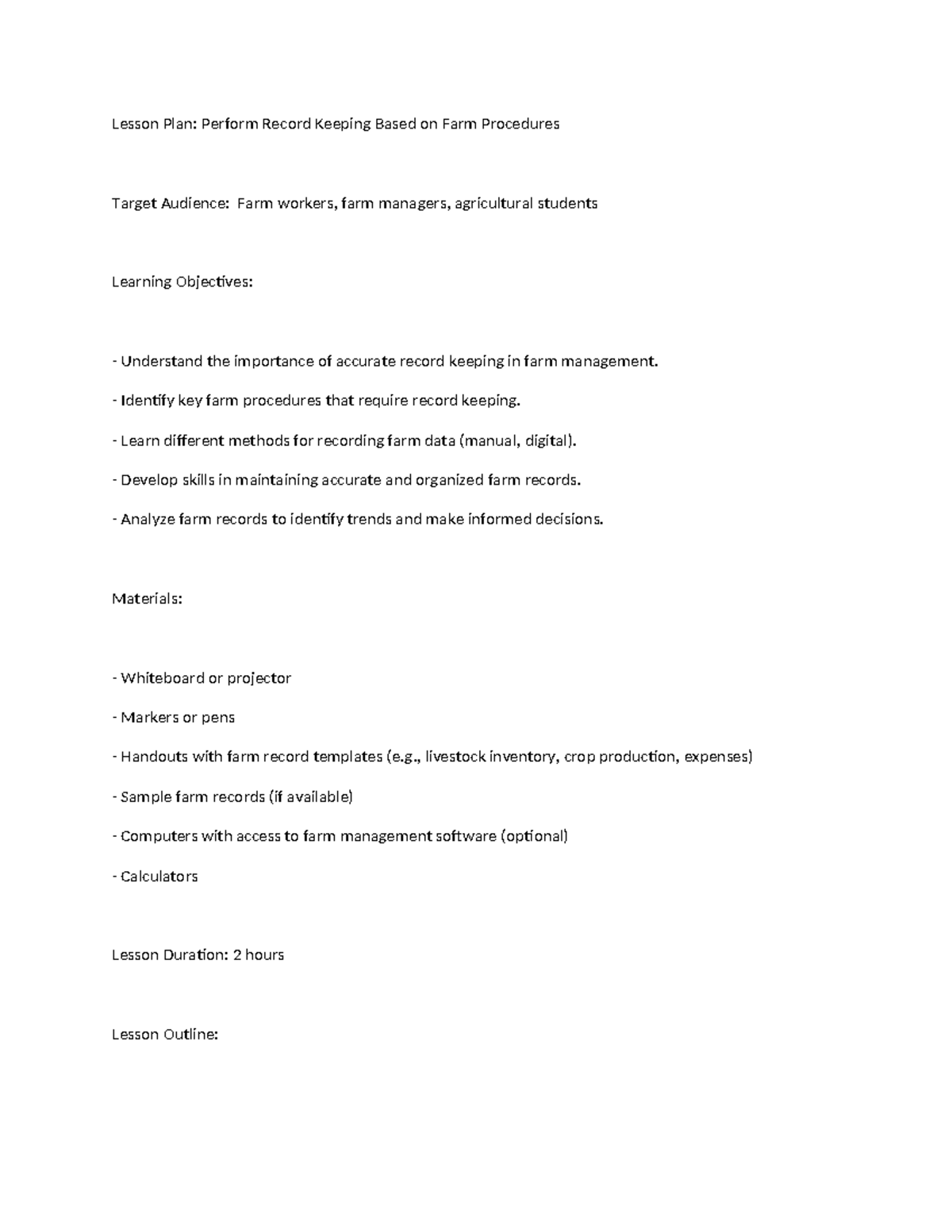Lesson Plan: Record Keeping Techniques for Farm Management (Pe-WPS ...