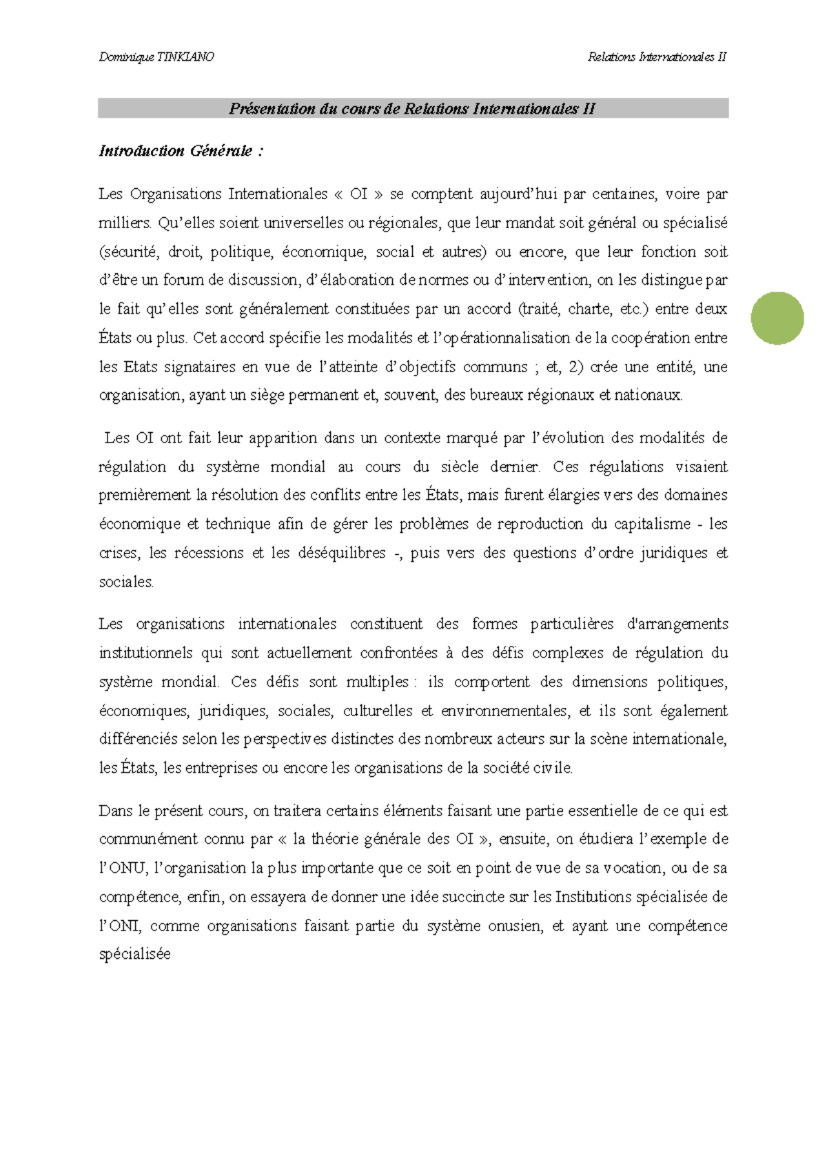 Cours de Relations Internationales II : Les Organisations ...