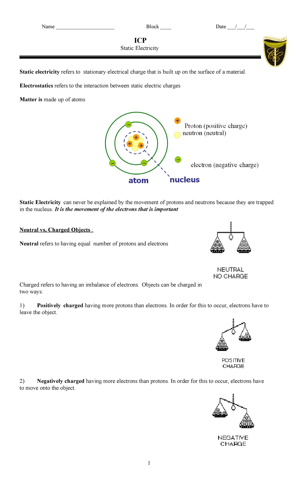 ICP Static Electricity Worksheet: Understanding Charge Types & Concepts ...