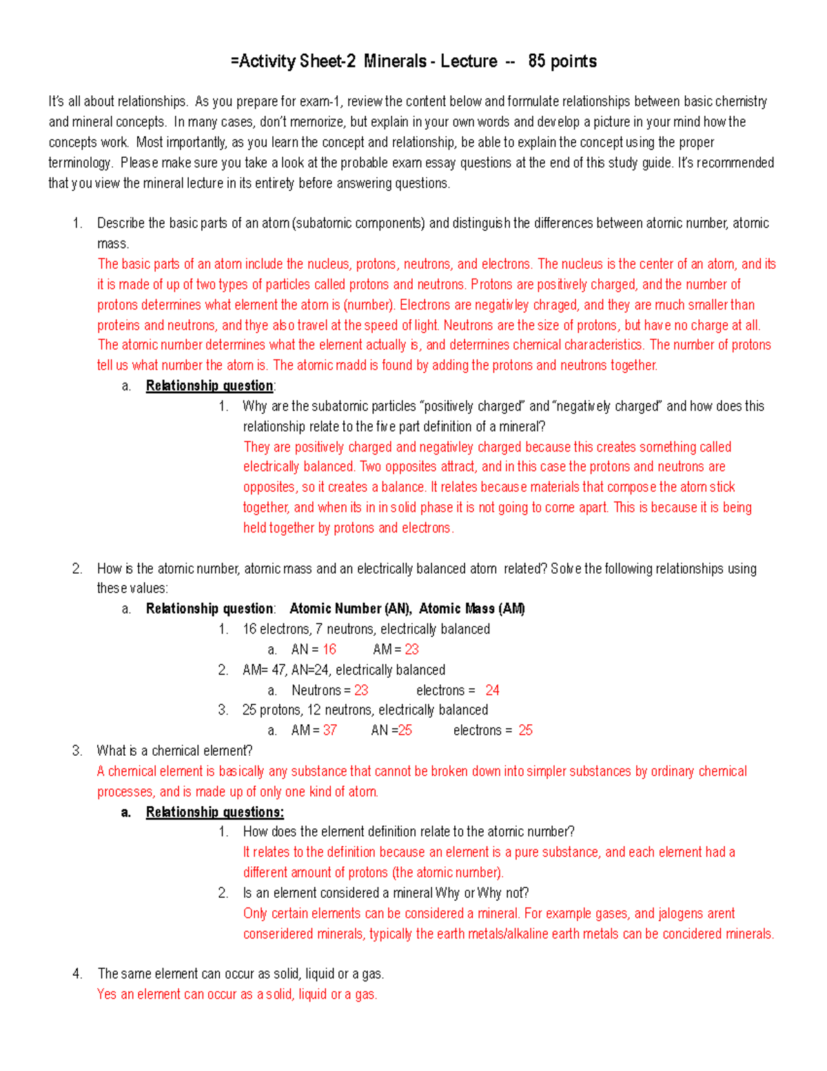 Activity Sheet-2: Minerals Overview for Exam-1 - Lecture Notes - Studocu