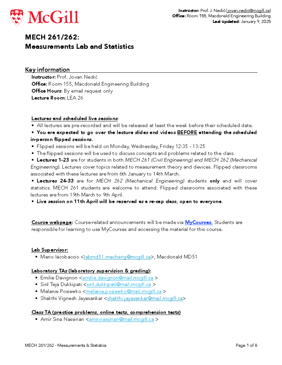 MECH 261/262 Measurements Lab & Statistics Course Outline W25 - Studocu