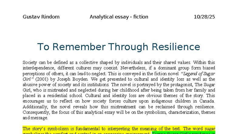 ENG 201 Analytical Essay: Exploring Identity and Resilience in "Sugar ...