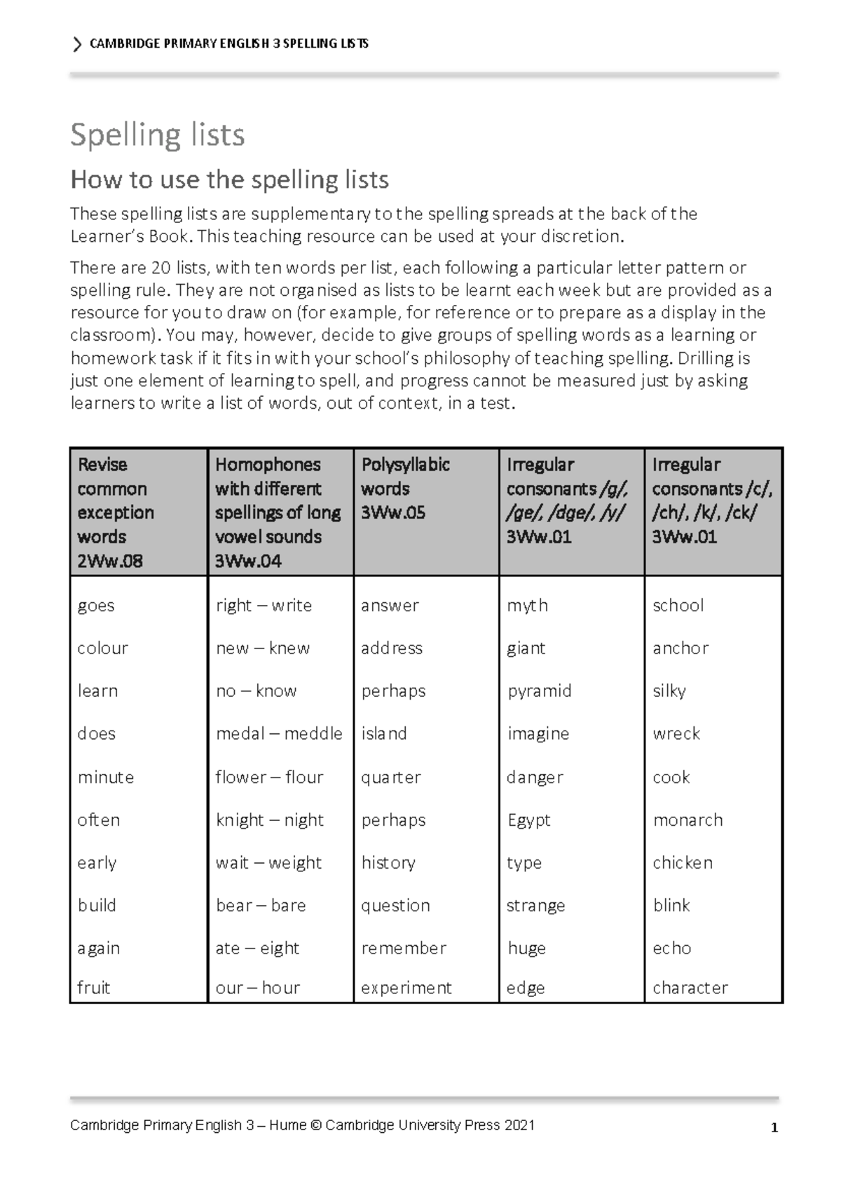 CAMBRIDGE PRIMARY ENGLISH 3 SPELLING LISTS - 2nd Ed. Tr3 - Studocu