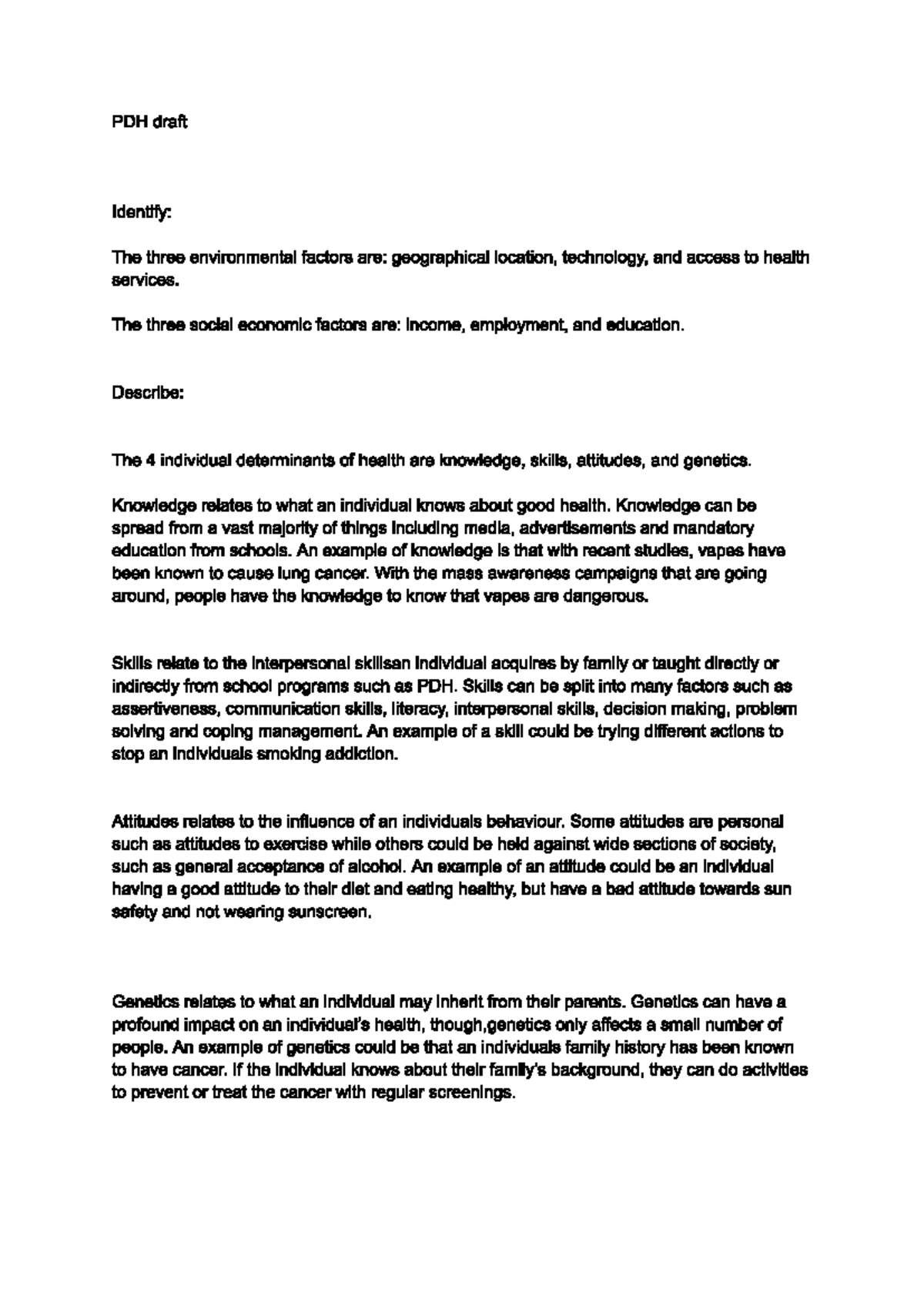 PDH Draft: Key Determinants of Health Factors and Influences - Studocu