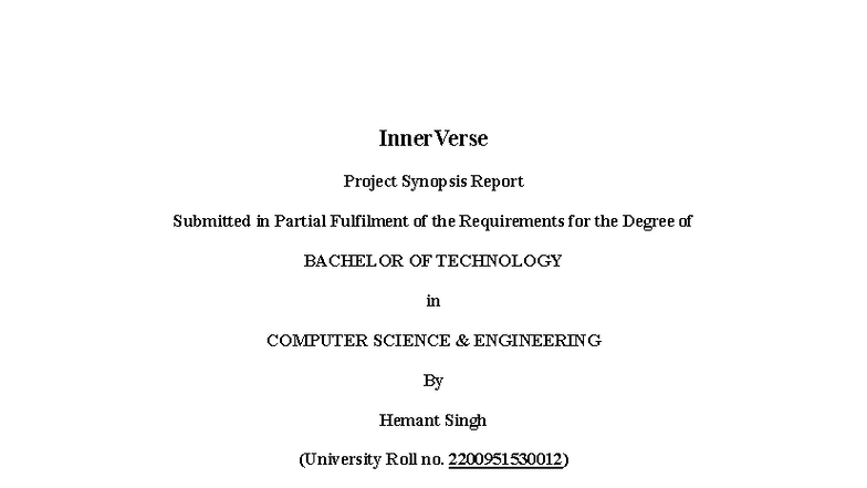 InnerVerse Project Synopsis Report for B.Tech in CSE - Final Year - Studocu