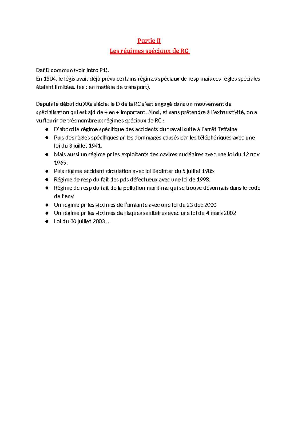 Fiche Partie II : Régimes Spéciaux de Responsabilité Civile (RC) Droit ...