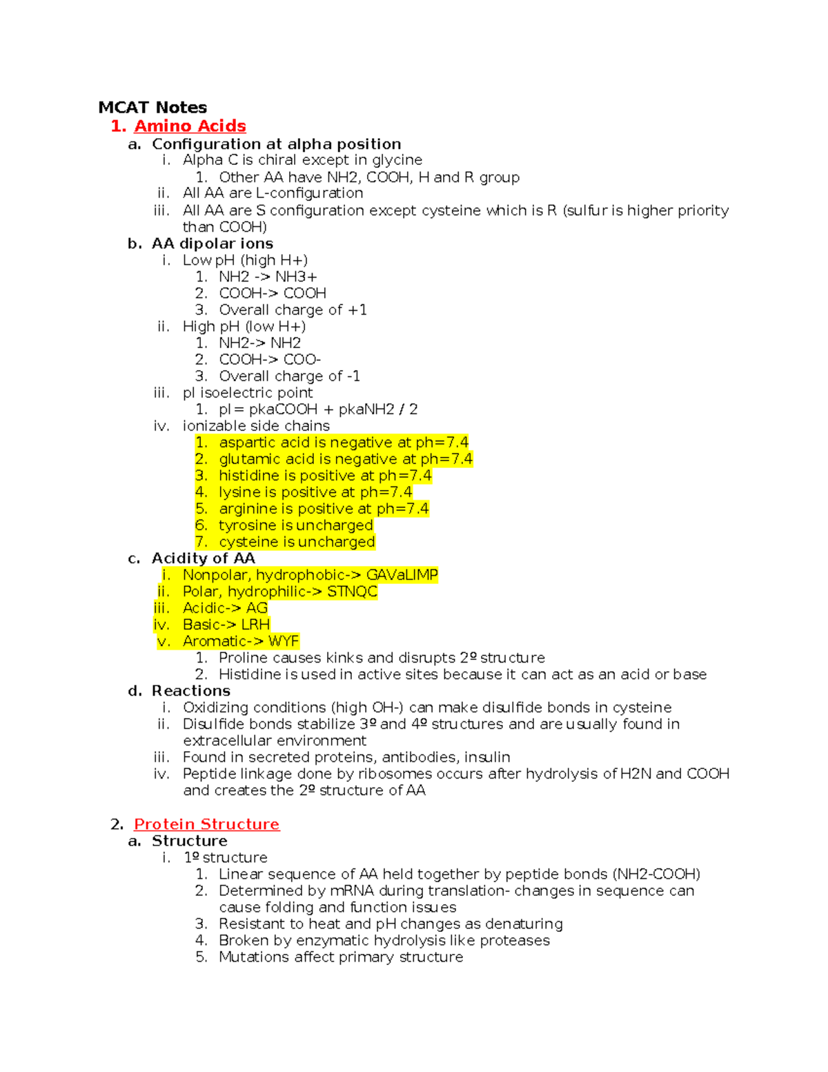 MCAT Notes: Overview of Amino Acids & Protein Structure Concepts - Studocu