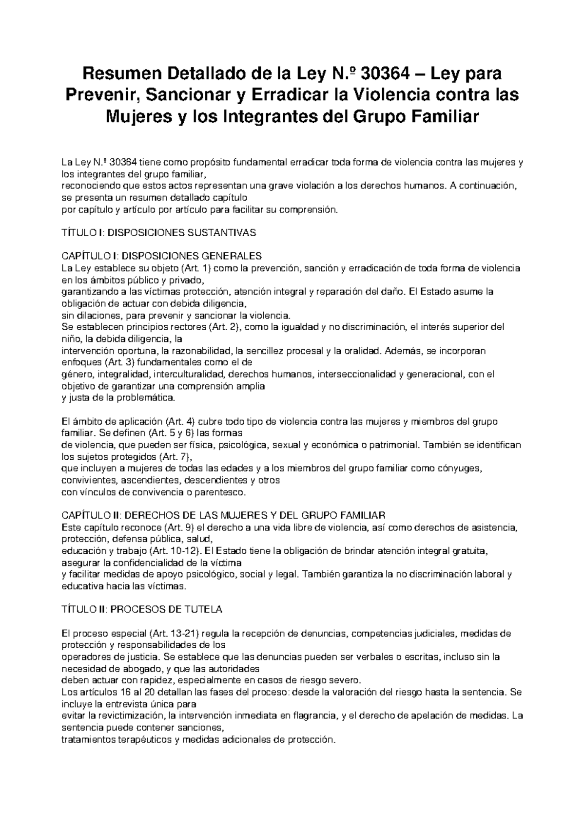 Resumen Detallado de la Ley N.º 30364 sobre Violencia Familiar - Studocu