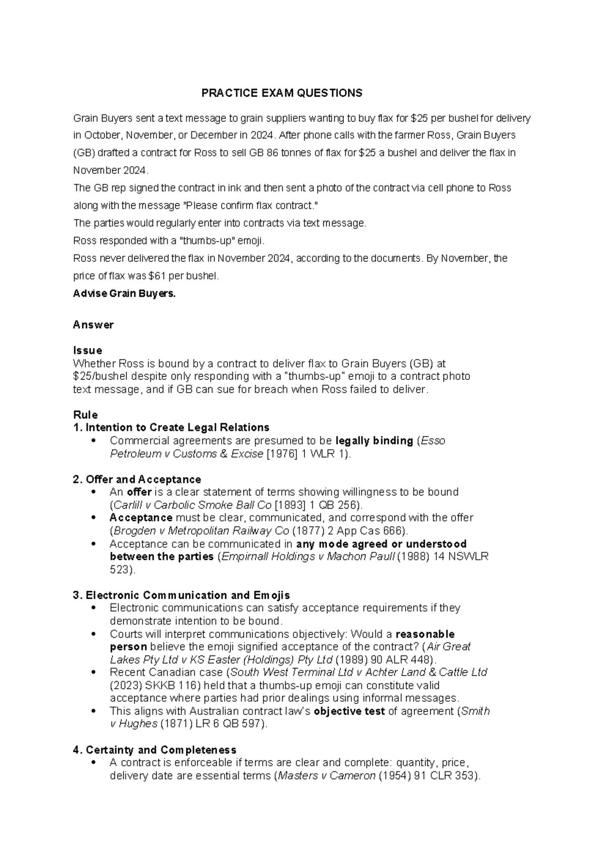 Practice Exam Questions: Contract Law Analysis and Case Studies - Studocu