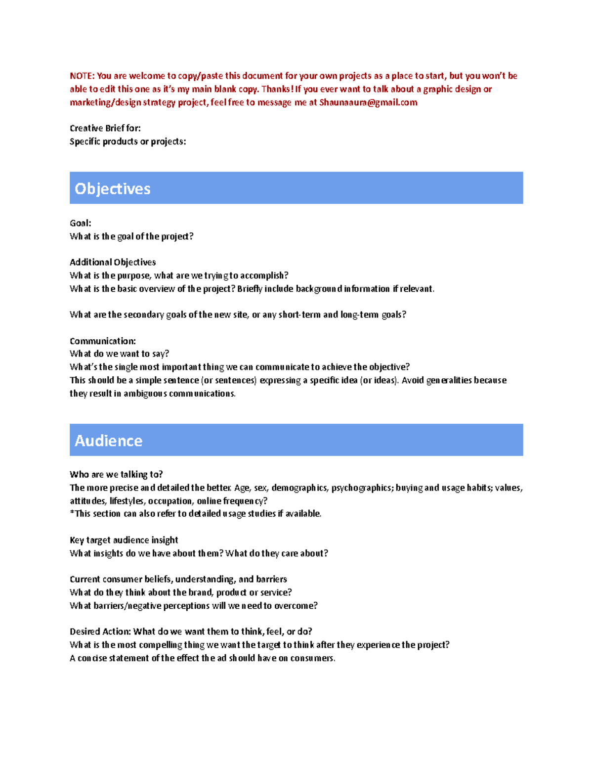 Creative Brief Template - NOTE: You are welcome to copy/paste this ...