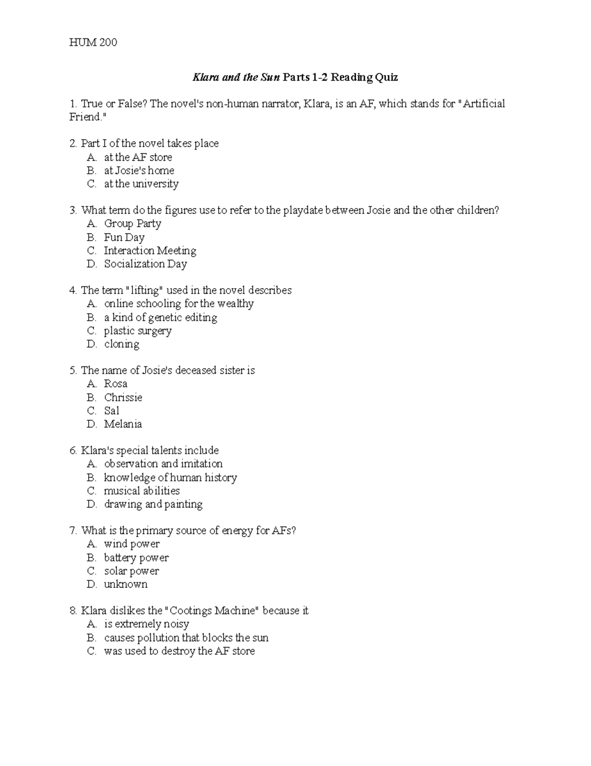 HUM 200 Klara and the Sun Quiz: Parts 1-2 Review Questions - Studocu