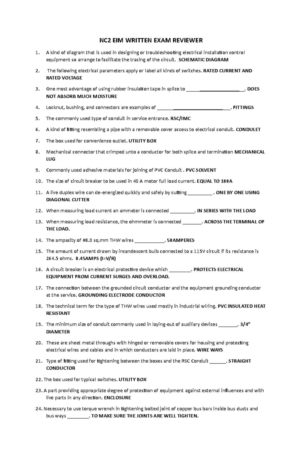 NC2 EIM WRITTEN EXAM REVIEWER: Electrical Installation Concepts - Studocu