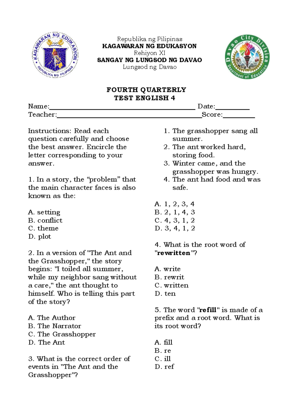 ENG4 Q4 FOURTH QUARTERLY TEST ANSWER KEY 2025-2026 - Studocu