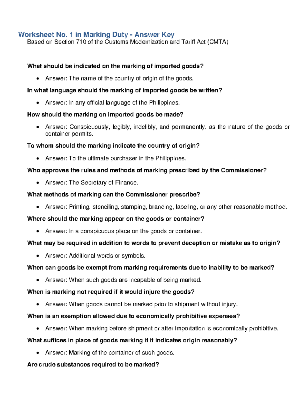 Marking Duty Practice: Answer Key for Worksheet No. 1 on CMTA - Studocu