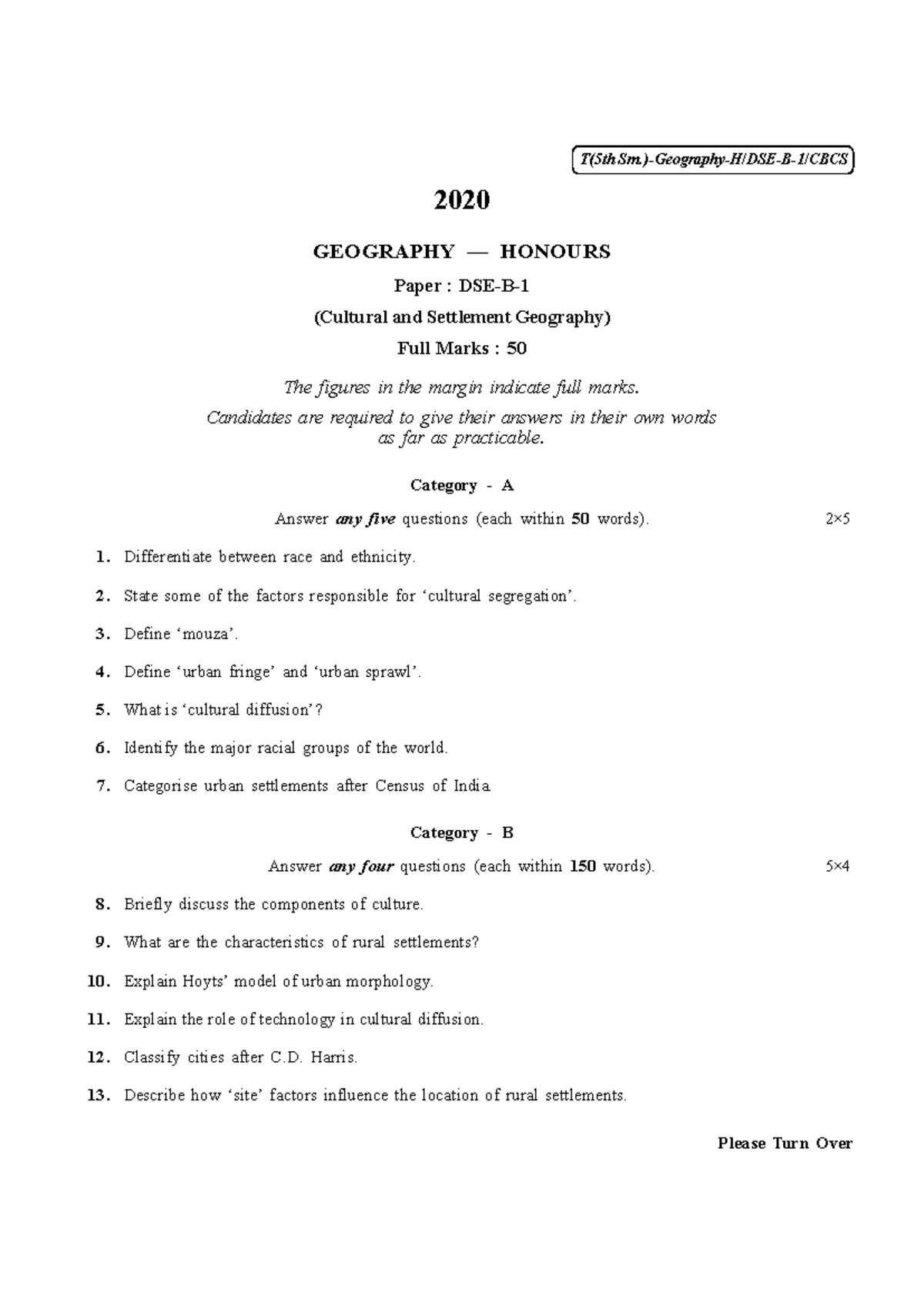 (1) T(5th 2020 GEOGRAPHY HONOURS Paper: Cultural & Settlement Geography ...
