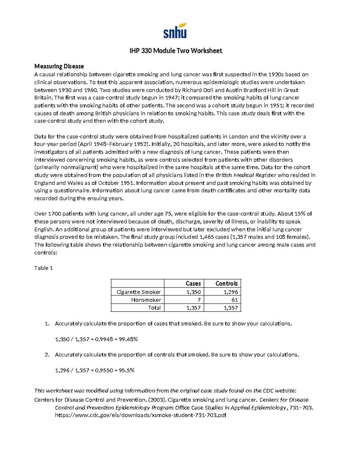 IHP 330 Module Two Worksheet: Analyzing Cigarette Smoking & Lung Cancer ...