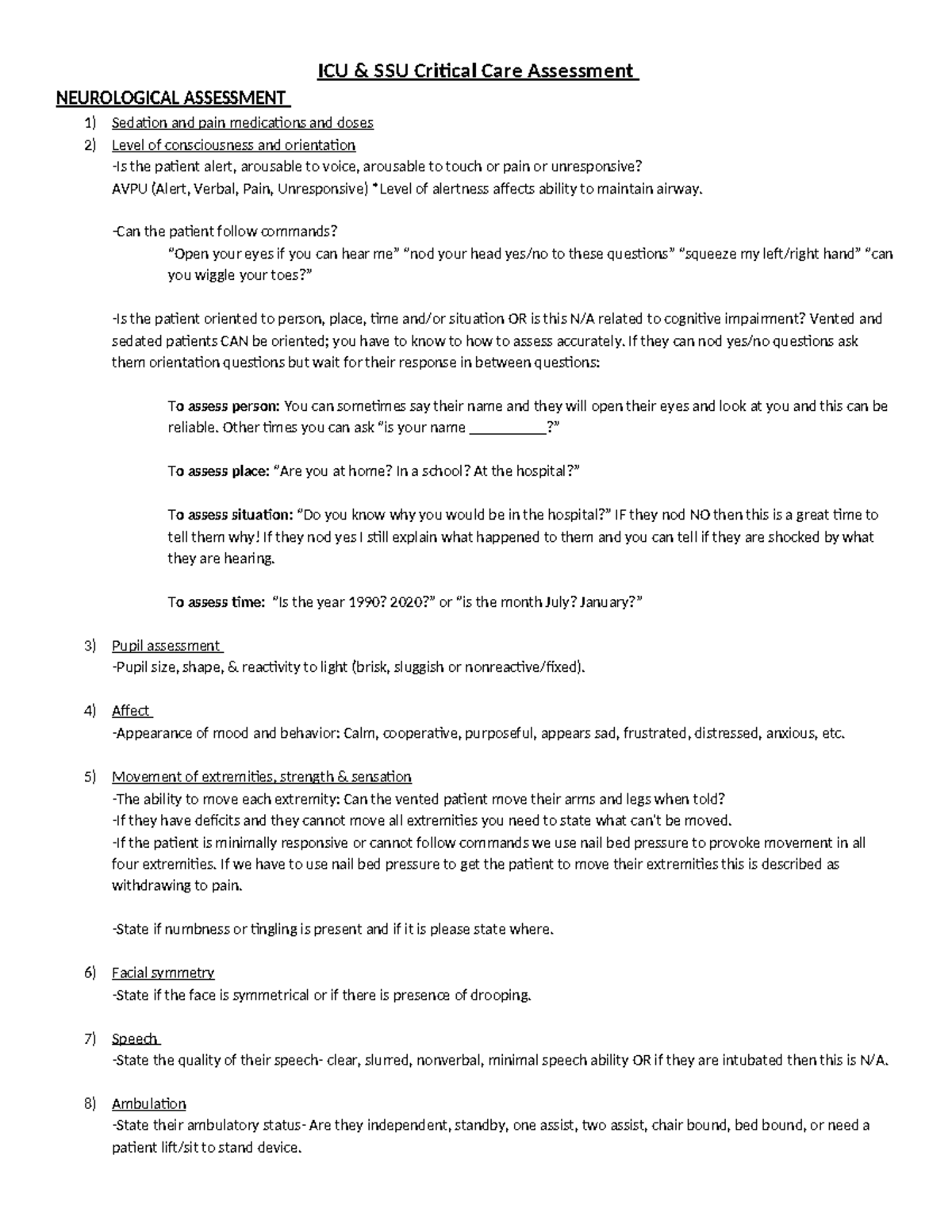 ICU & SSU Critical Care: Head-to-Toe Assessment Guide - Studocu