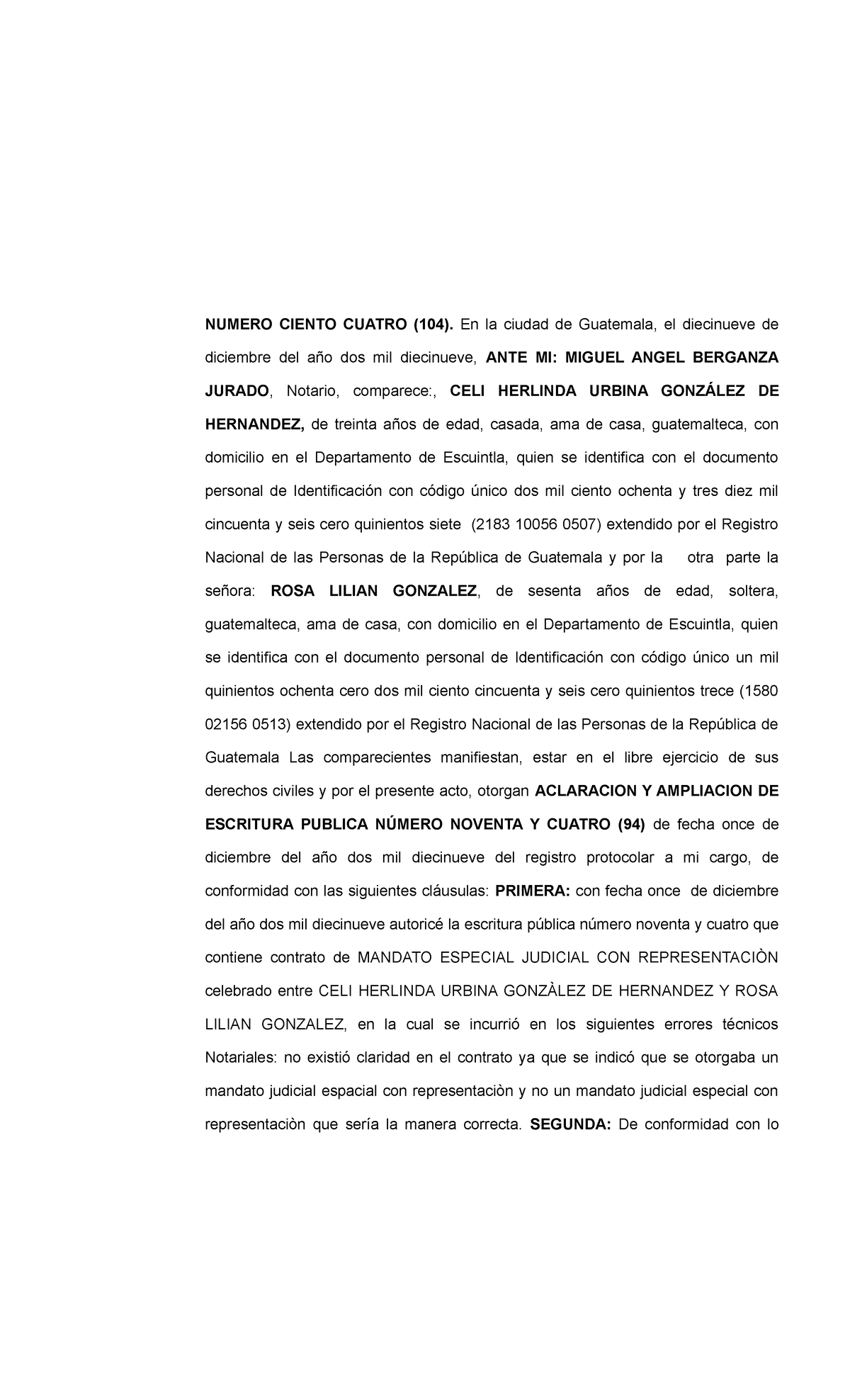 Modelo de Aclaración y Ampliación de Escritura Pública No. 104 - Studocu