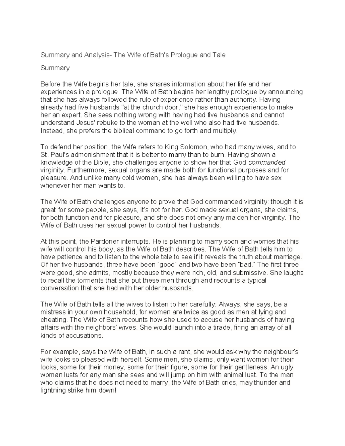 The Wife of Bath: Prologue & Tale Summary (ENG 101) - Studocu