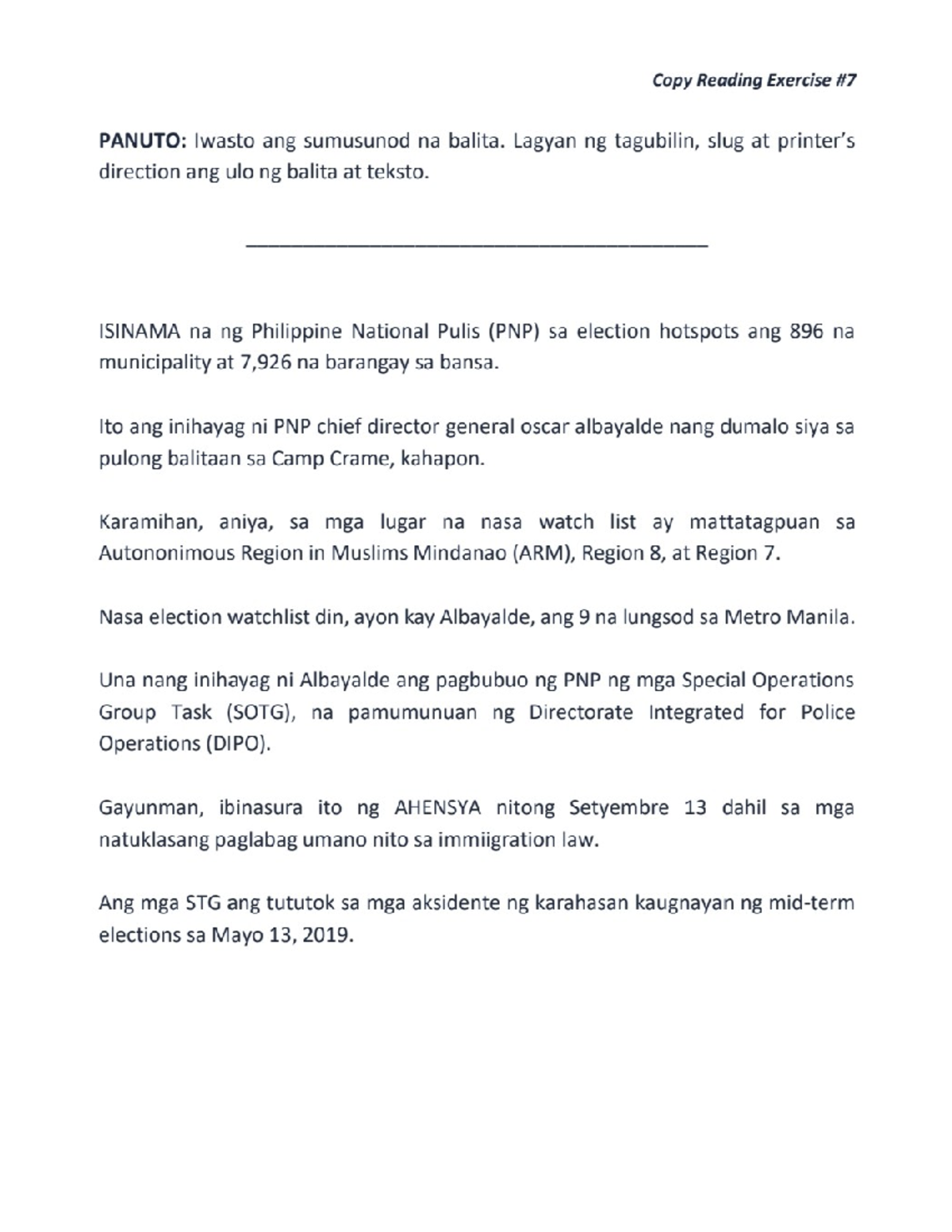 Copy Reading Exercise: Balita at Pagsusuri ng mga Pangyayari - Studocu