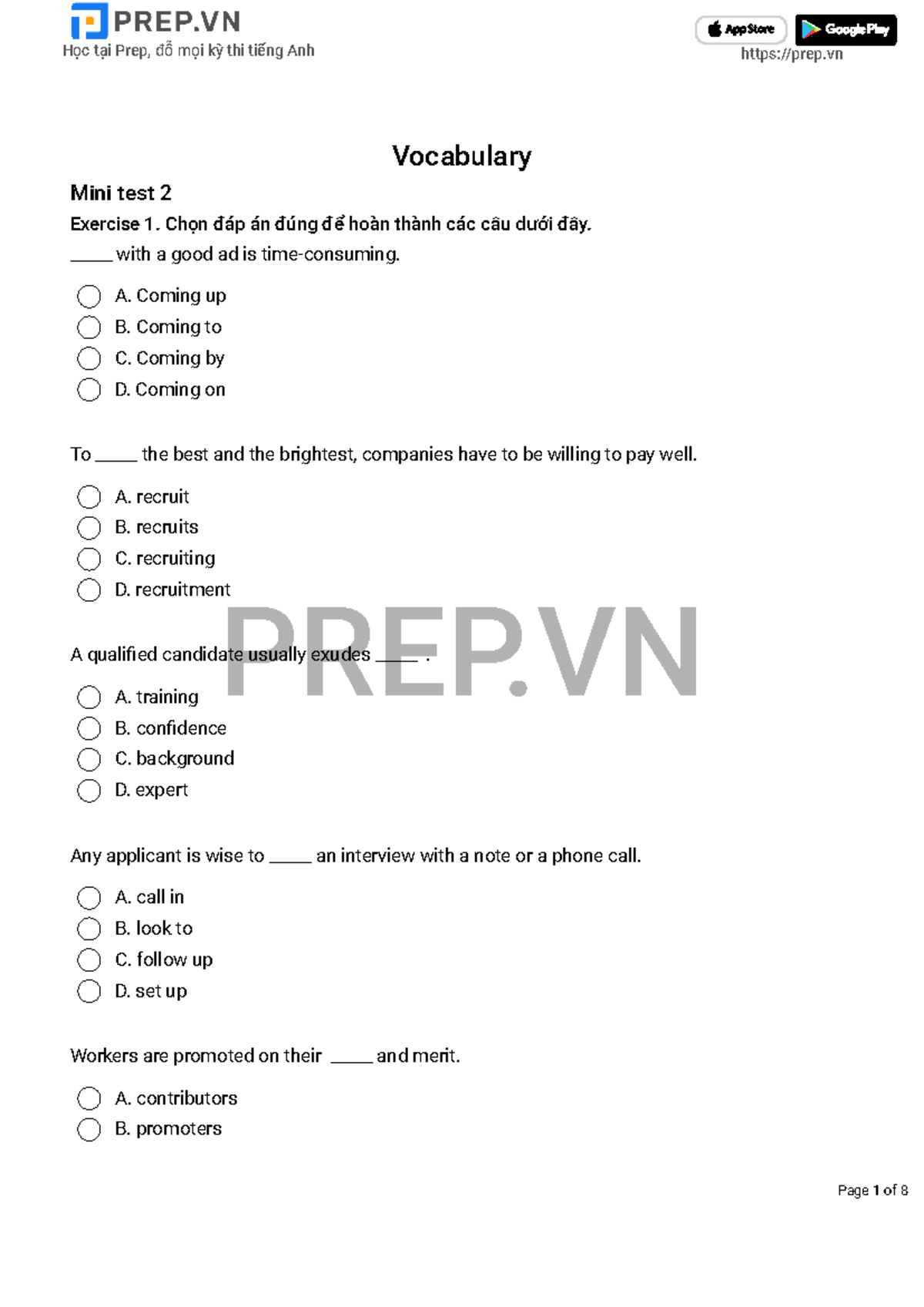 PREP.VN English Vocabulary Mini Test 2: Exercises and Answers - Studocu