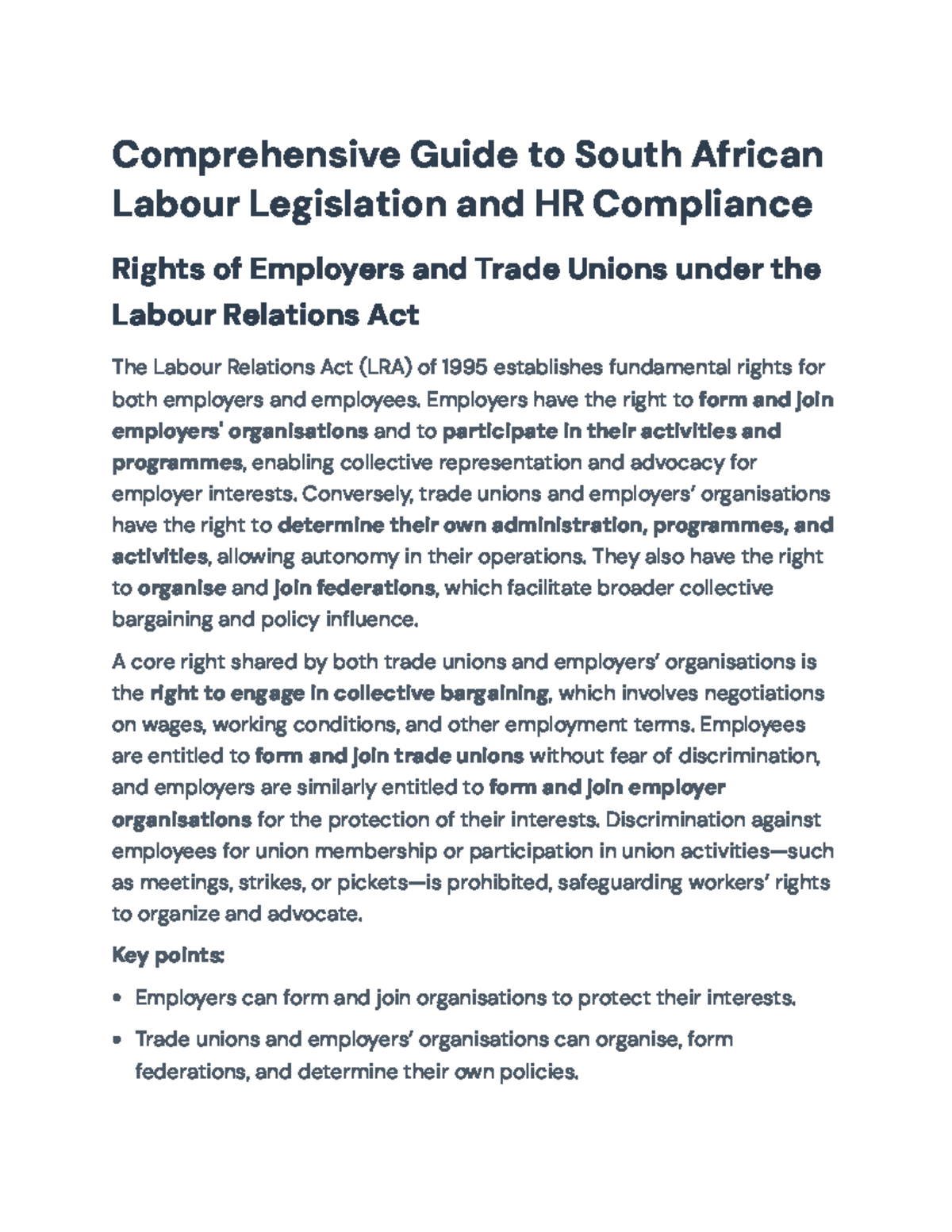 Comprehensive Overview of SA Labour Law & HR Compliance (LRA) - Studocu