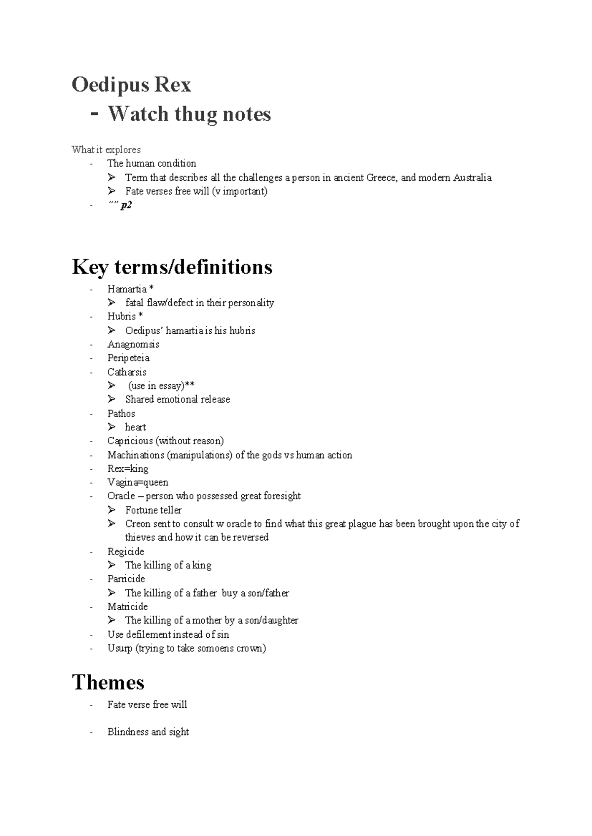 Oedipus Rex Study Notes: Themes of Fate, Knowledge, and Tragedy - Studocu