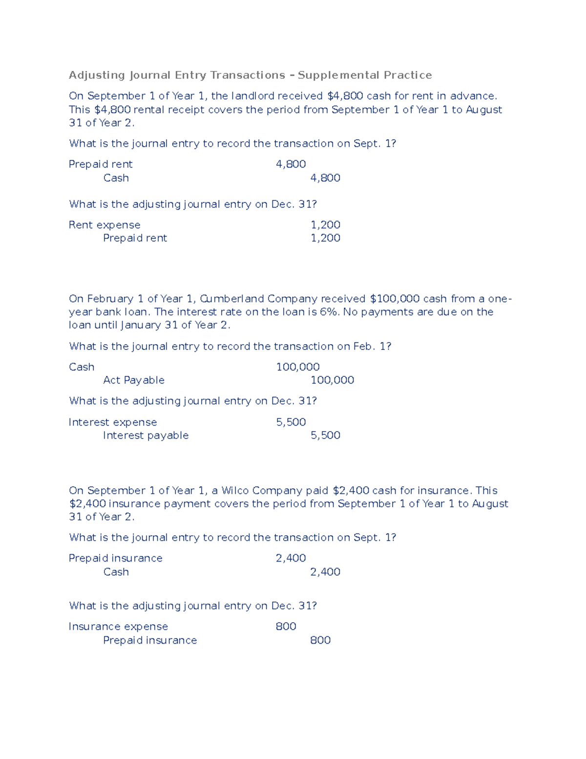 Adjusting Journal Entry Transactions Practice for ACCT 1x1 - Studocu