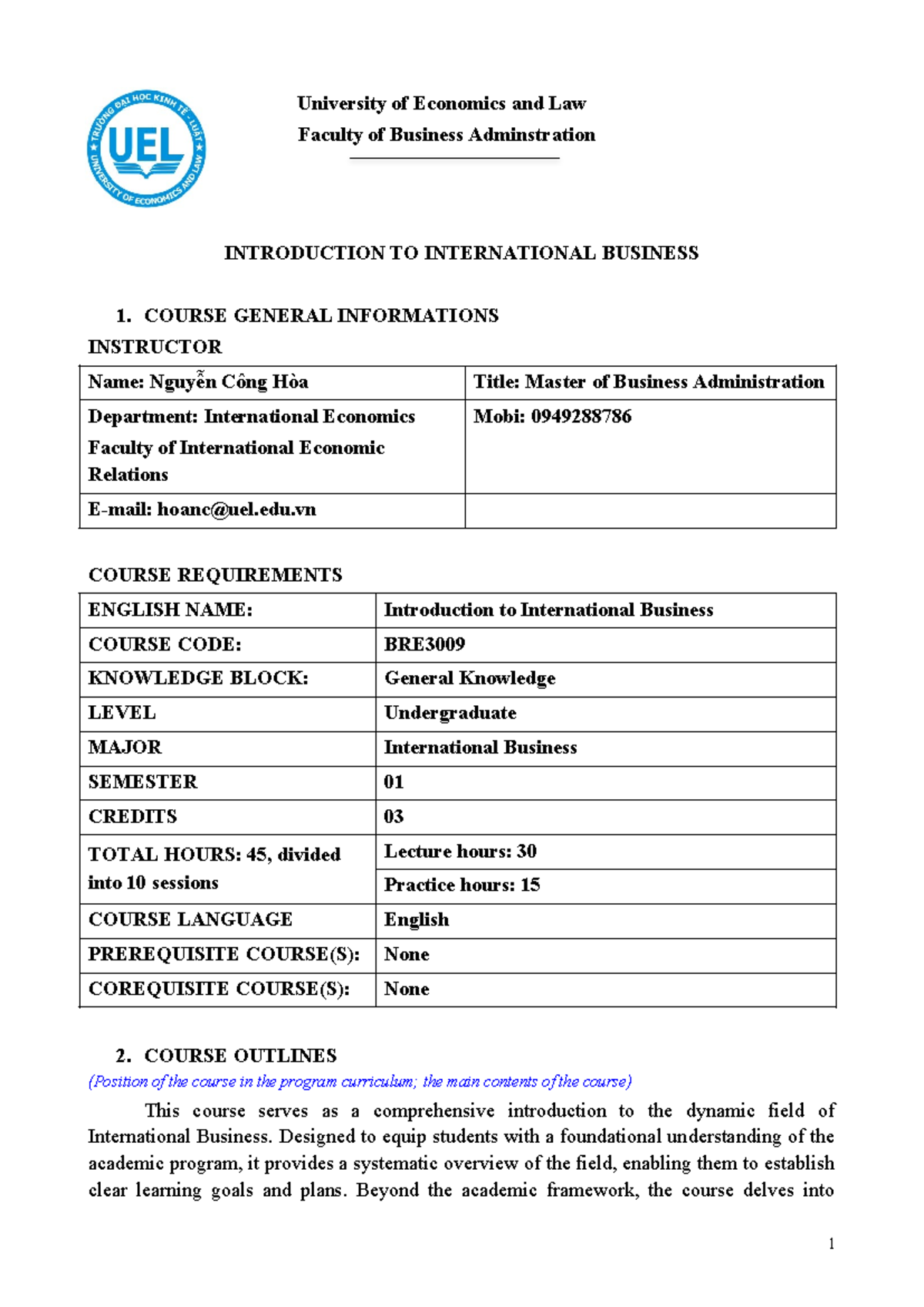 Syllabus Introduction to International Business - University of ...