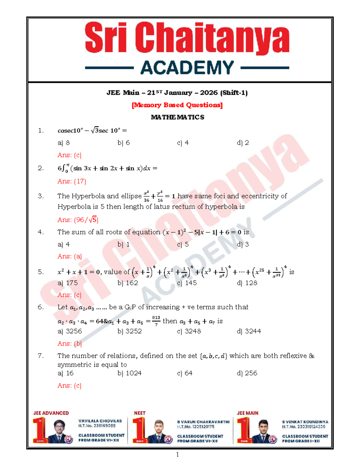JEE-Main 21st January 2026 Mathematics & Physics Question Paper - Studocu