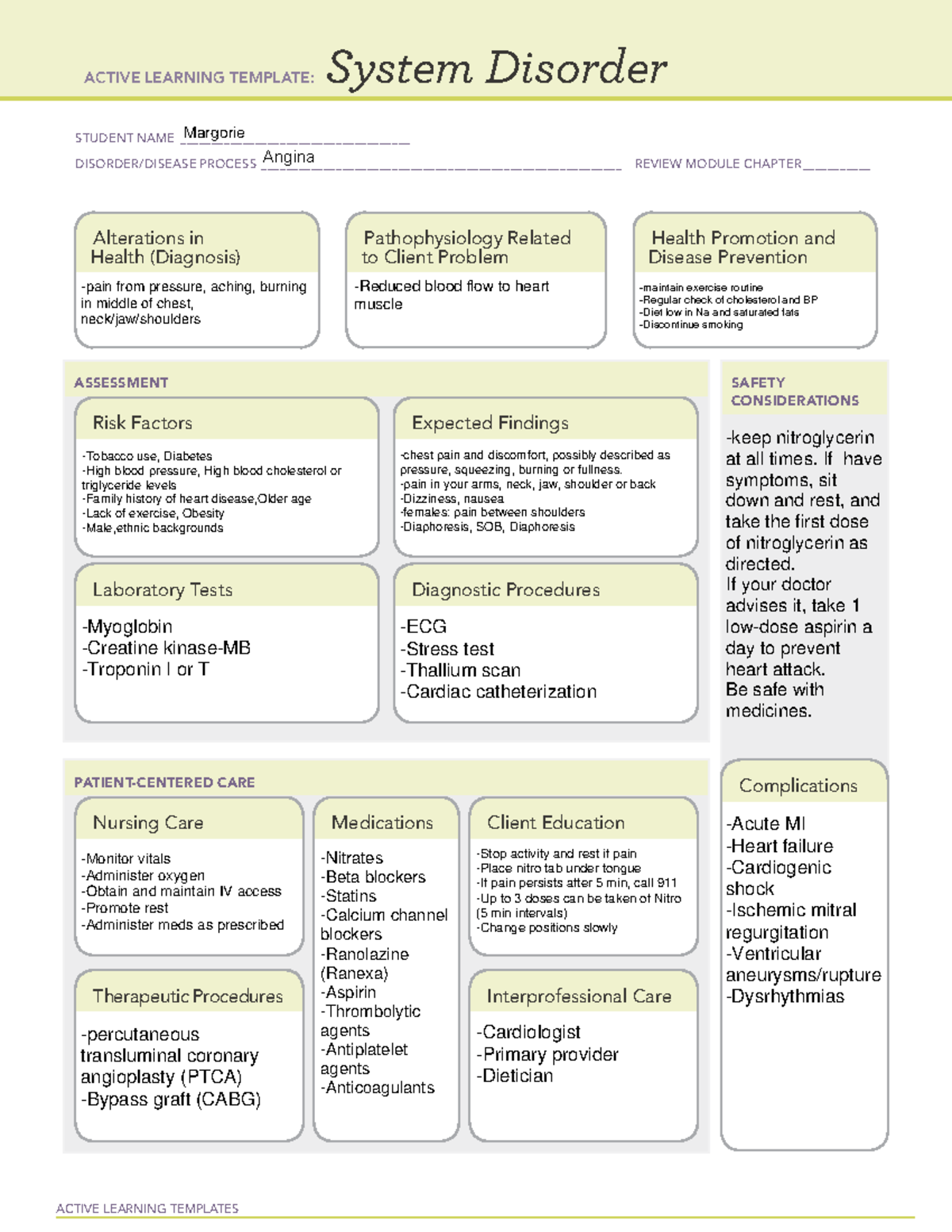ATI Template: System Disorder - Angina Management Guide - Studocu