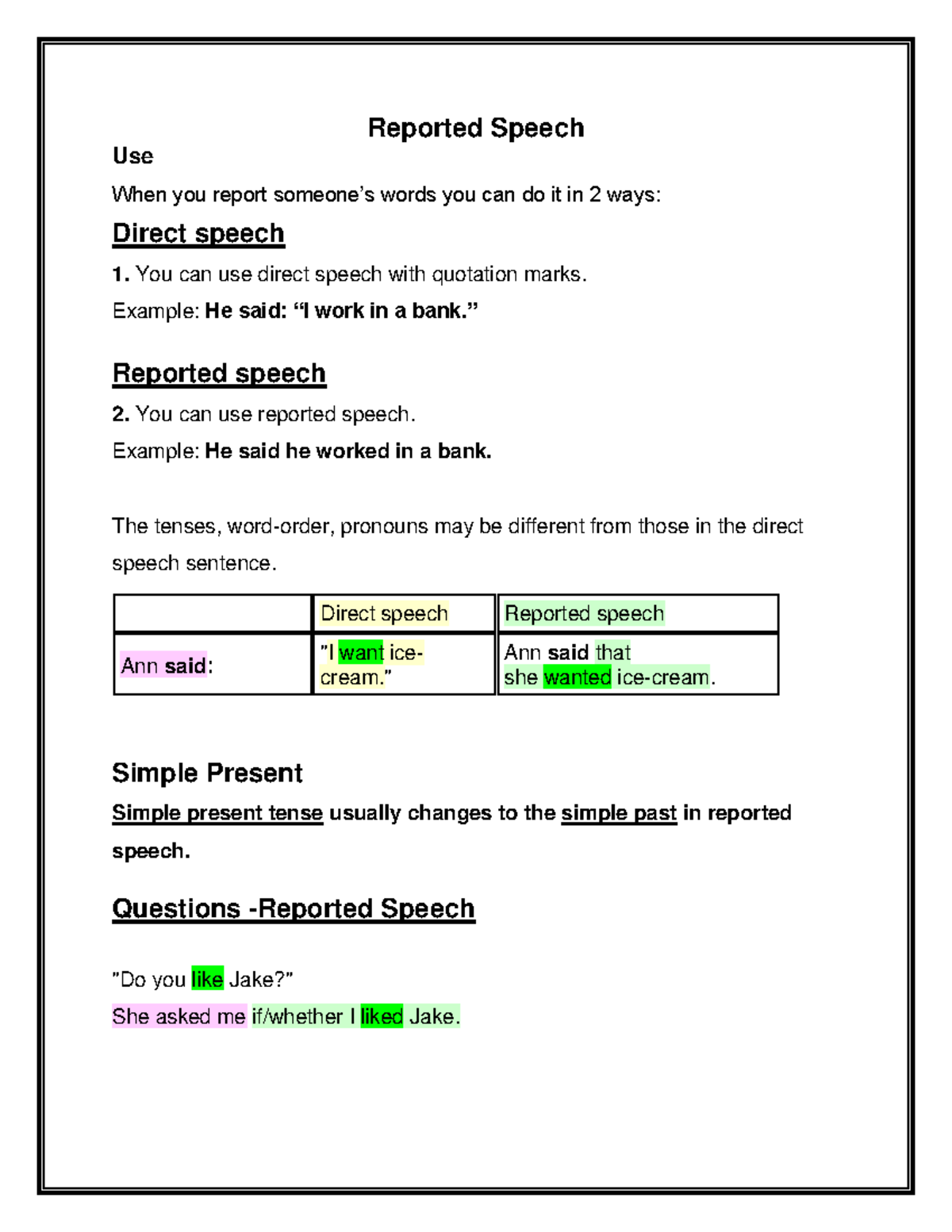 Reported Speech - Reported Speech Use When you report someone’s words ...