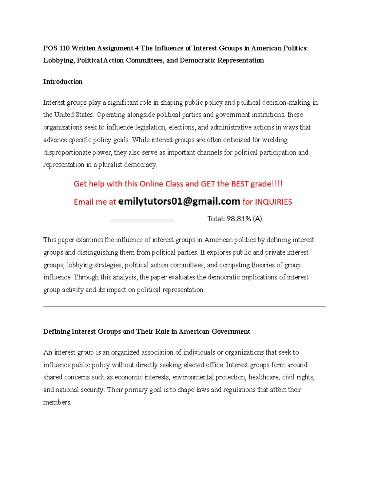 POS 110 Written Assignment 4: The Role of Interest Groups in U.S ...