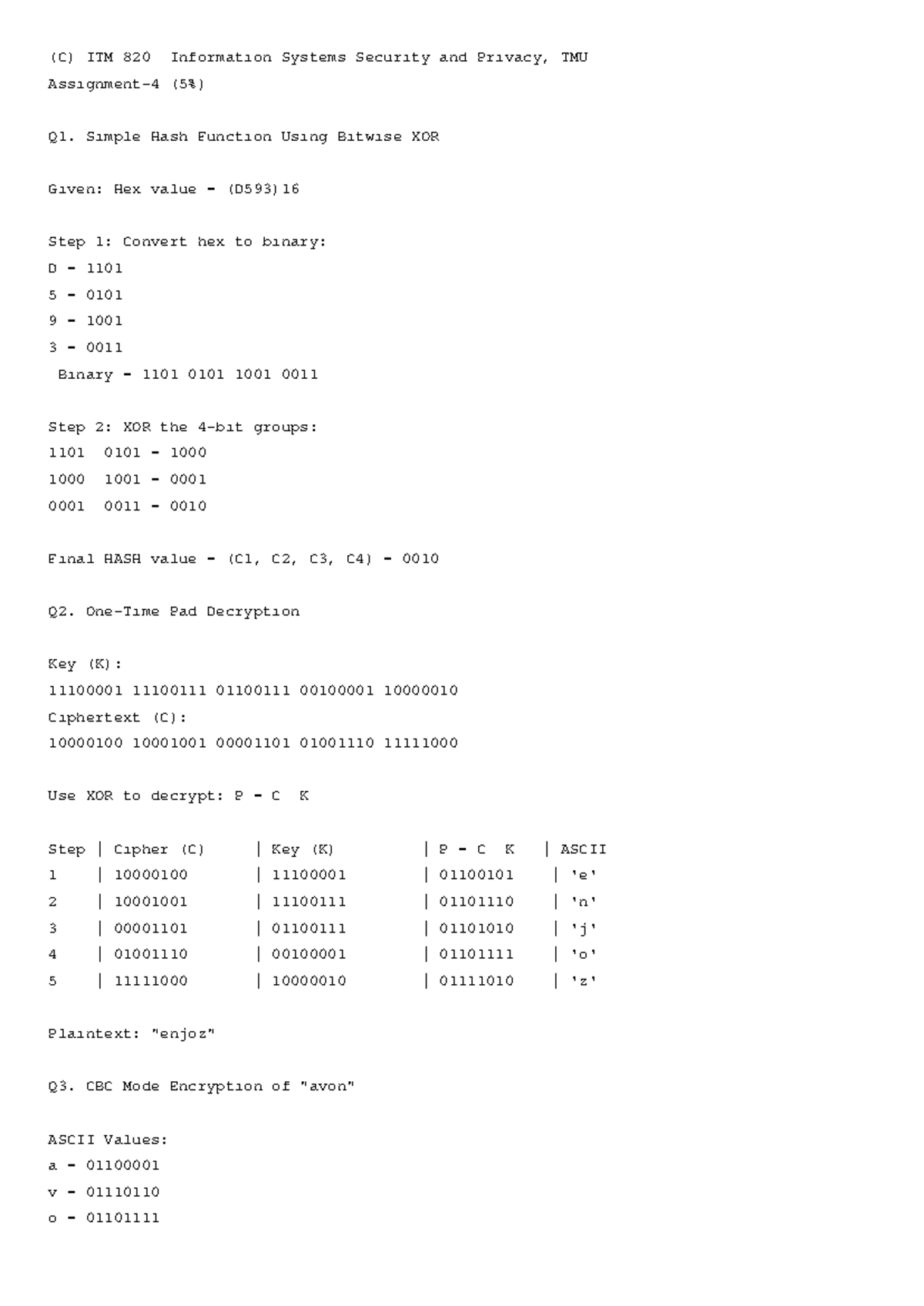 (C) ITM 820 Assignment 4 Solutions: Hash Functions & CBC Mode - Studocu