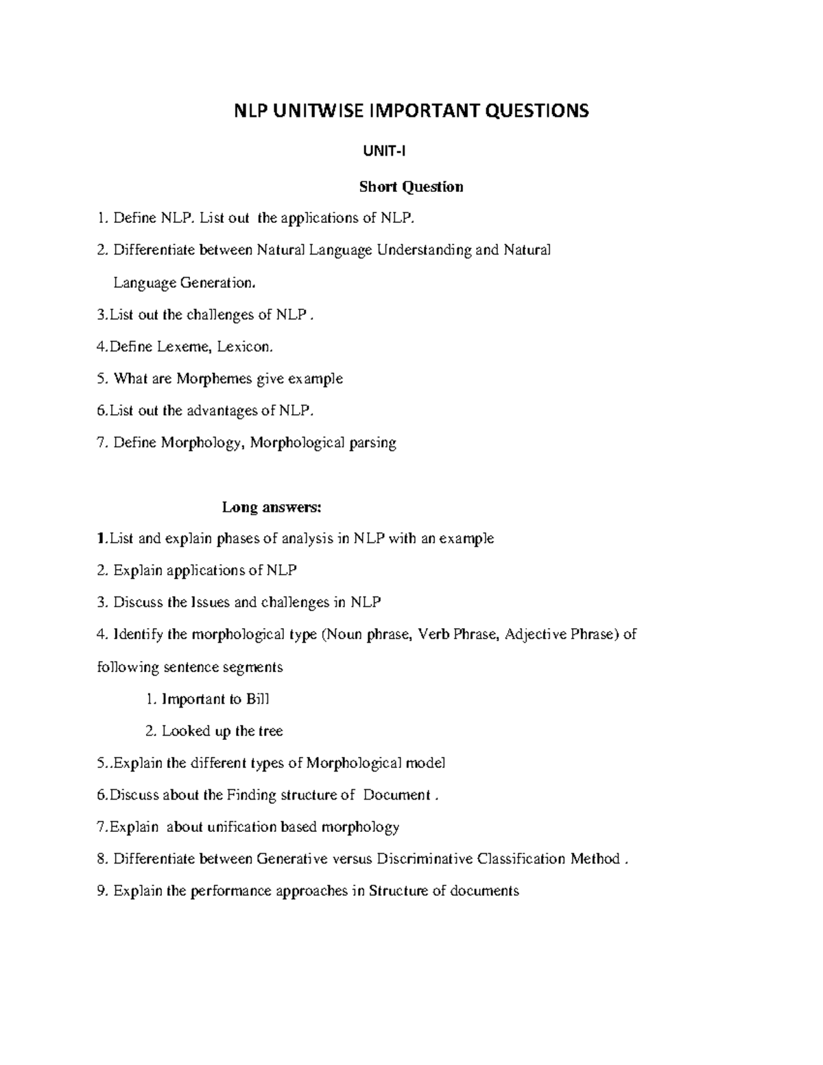 NLP 101: Crucial Unitwise Questions for Exam Preparation - Studocu