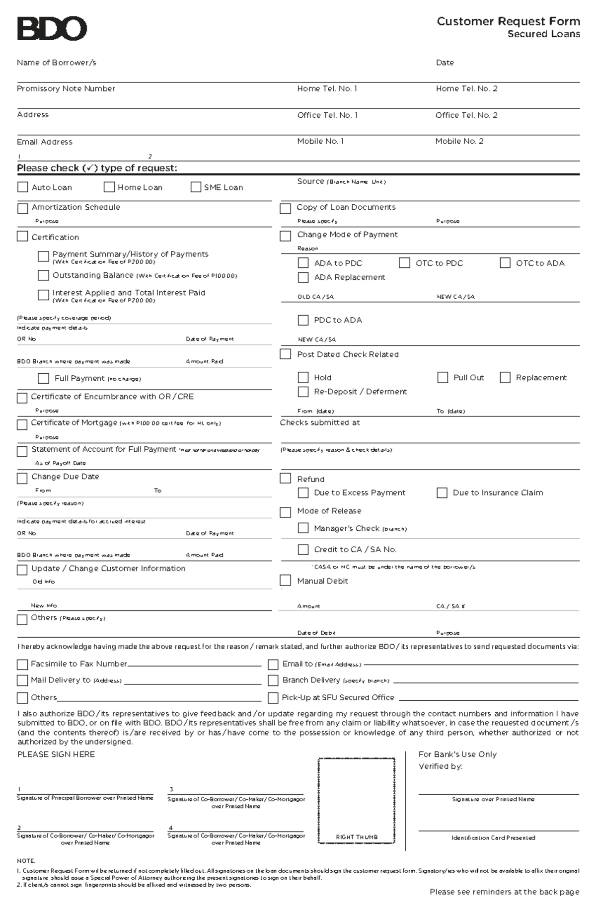 Customer Request Form for Secured Loans - fORM - Studocu