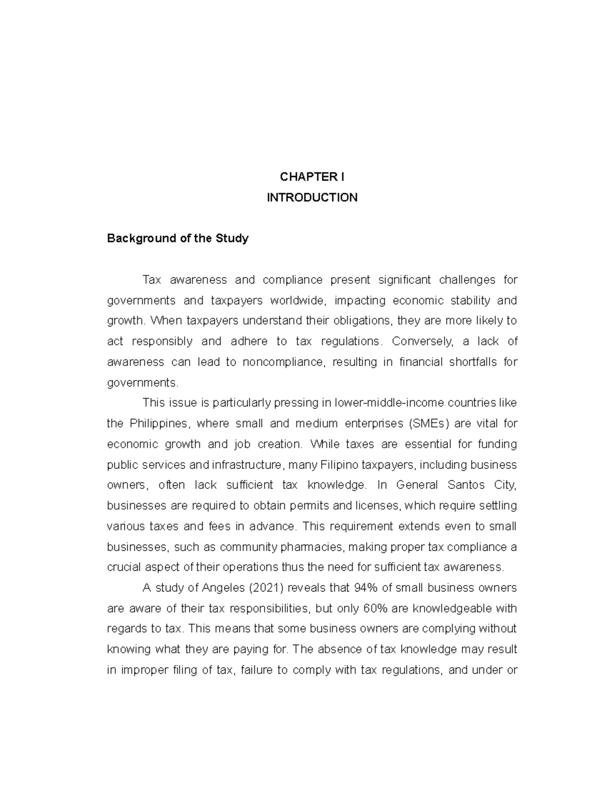 Copy of Partially- Revised - CHAPTER I INTRODUCTION Background of the Study Tax awareness and ...