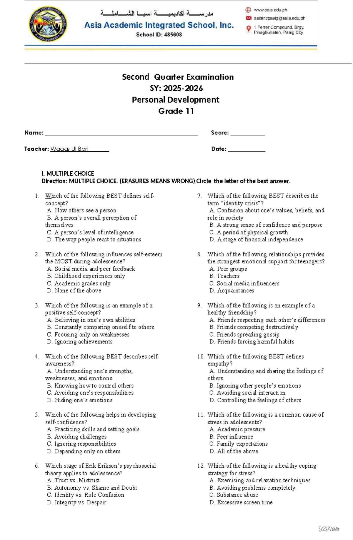 Grade 11 Personal Development Final Exam (TD-110) - Studocu
